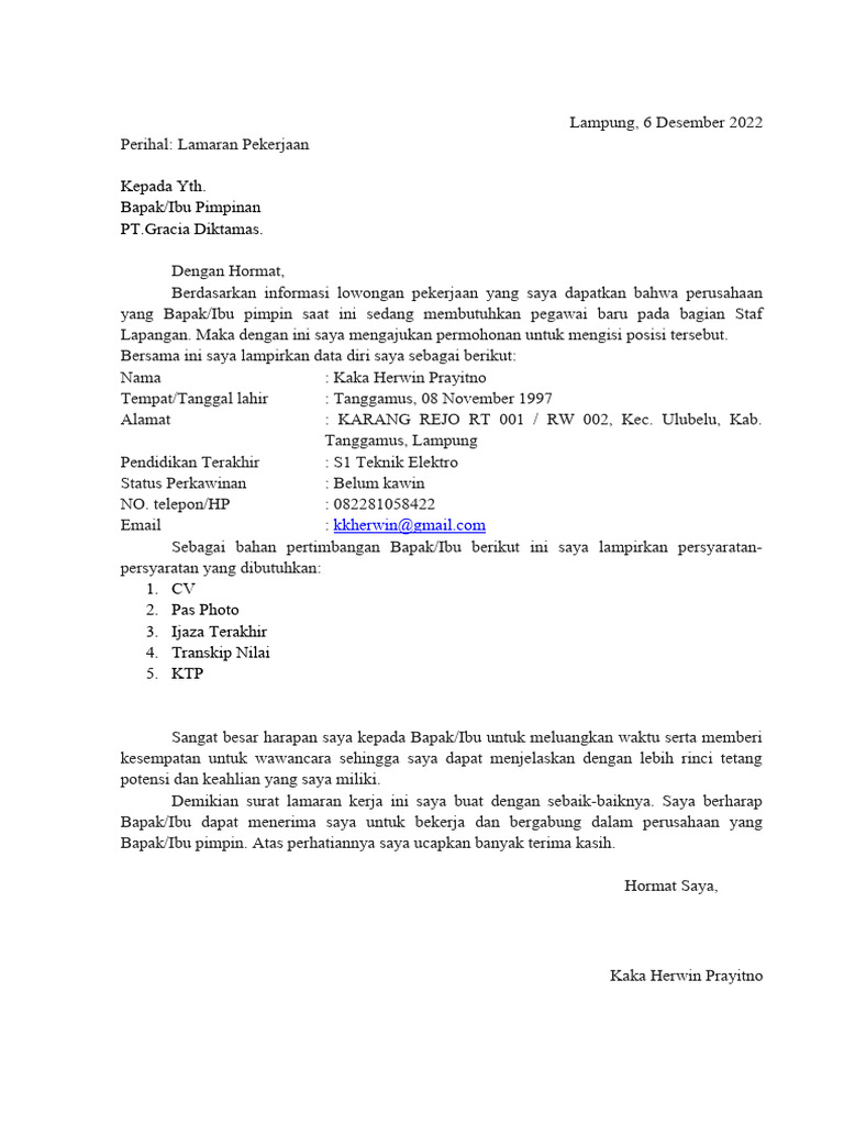 Surat Lamaran Kerja SCM | PDF