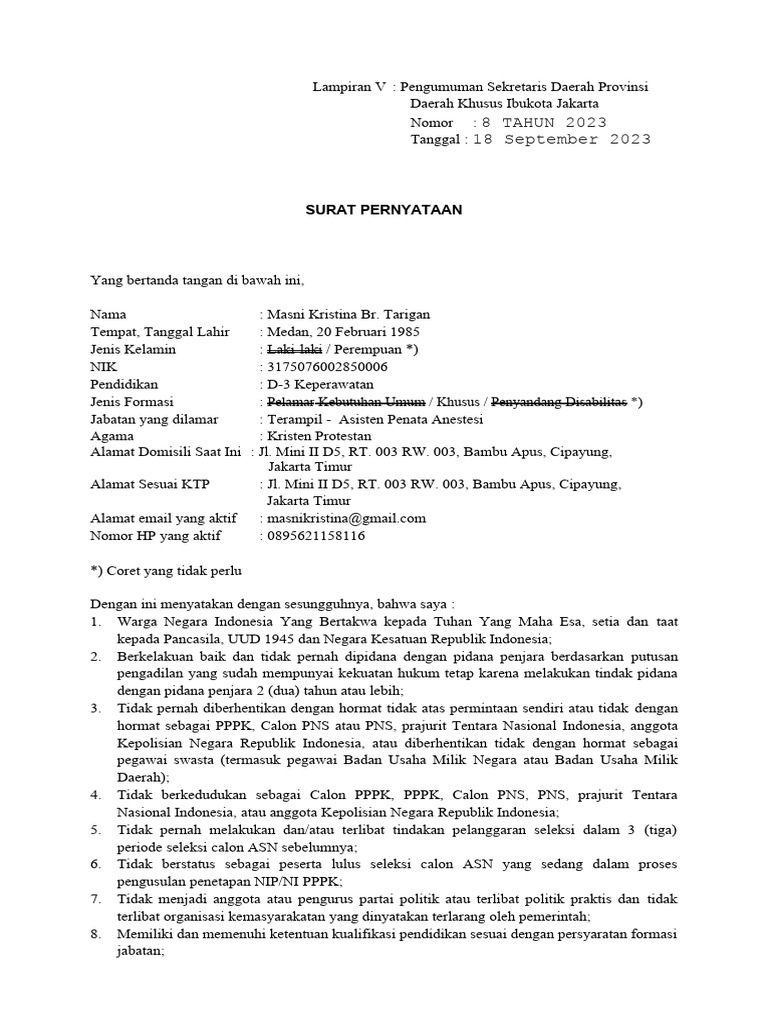 Surat Pernyataan PPPK | PDF