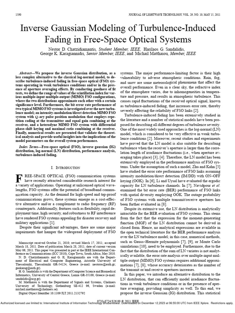 Inverse Gaussian Modeling Of Turbulence Induced Fading In Free Space