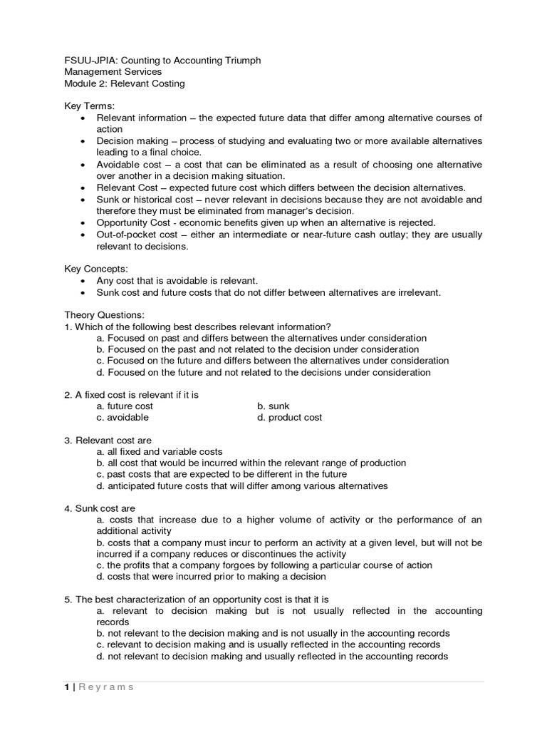 Relevant Costing Handouts | PDF | Cost | Opportunity Cost