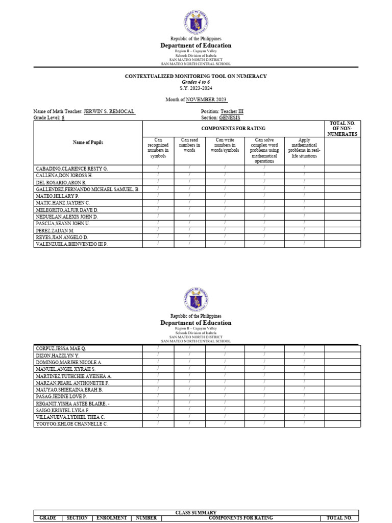 Numeracy Monitoring Tool for Grades 4-6 | PDF | Science Education ...