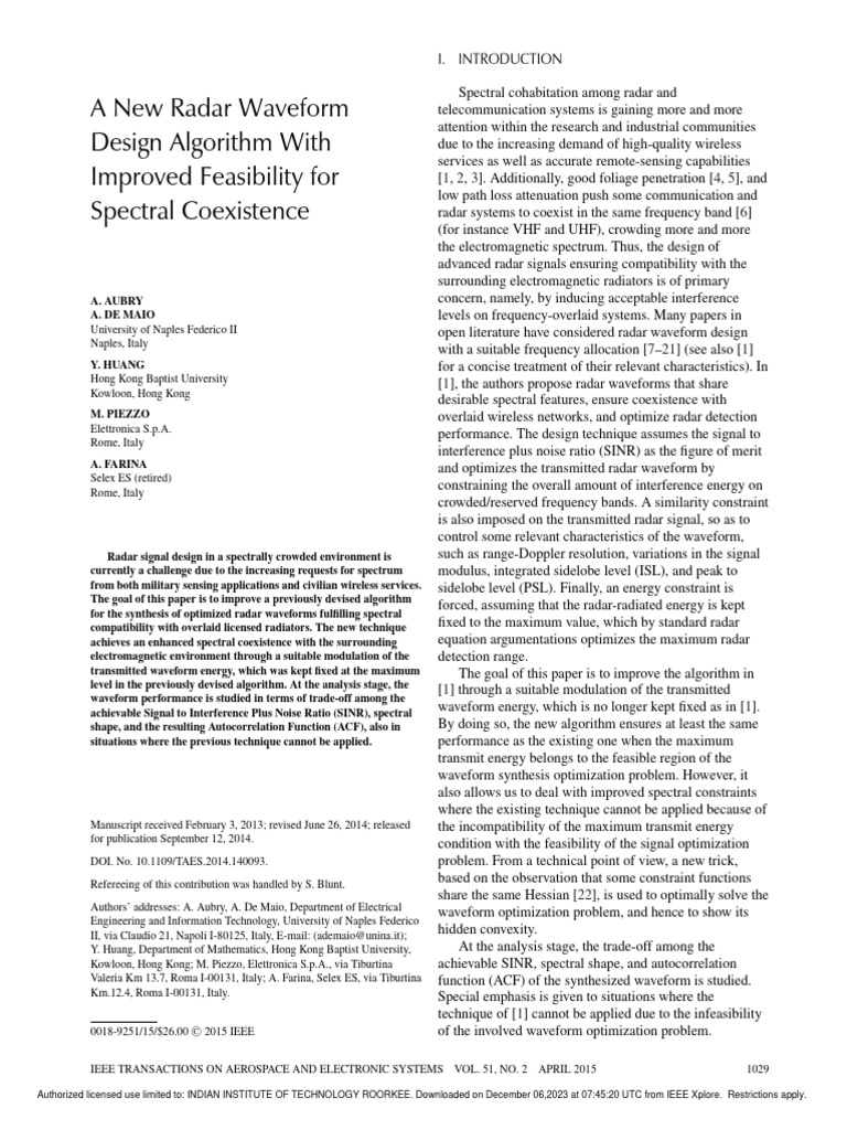 A New Radar Waveform Design Algorithm With Improved Feasibility For Spectral Coexistence Pdf