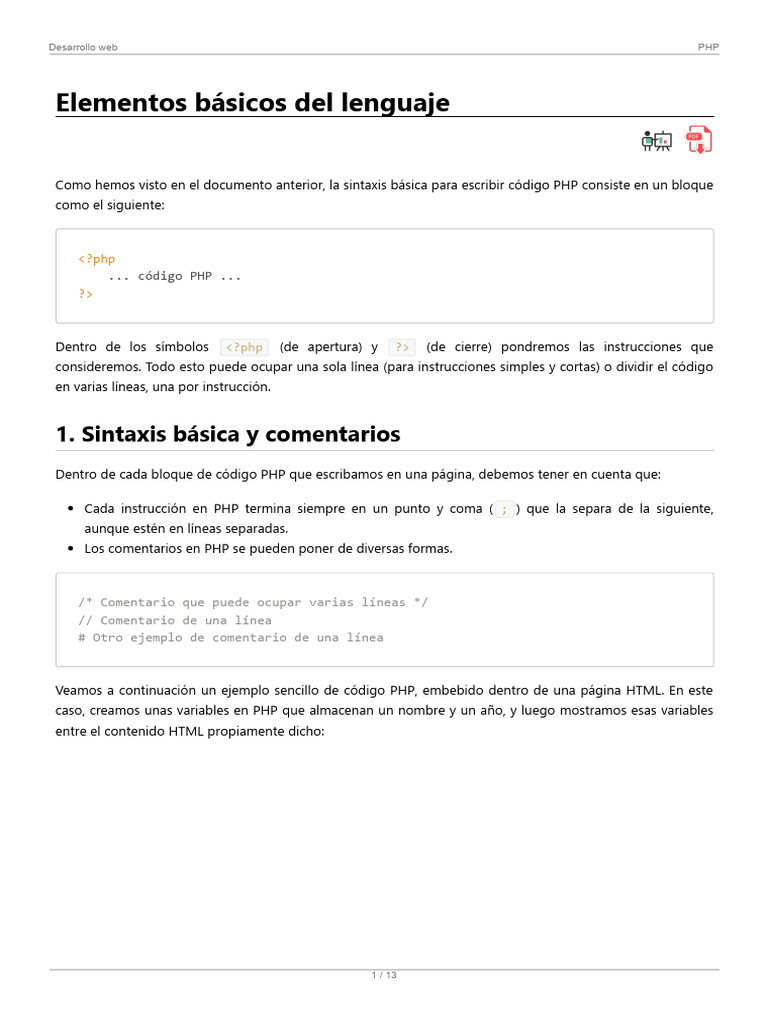 Elementos Básicos Del Lenguaje: 1. Sintaxis Básica y Comentarios | PDF | Php | Lenguaje de ...