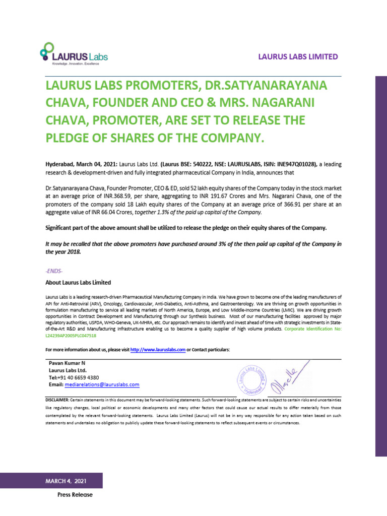 Laurus Labs Promoters Sell Shares | PDF | Private Sector | Economies