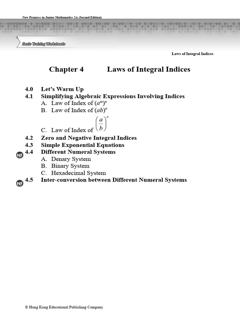2A - Ch04 - Laws of Integral Indices - WS - BasicTraining - Sol - E | PDF | Equations | Notation