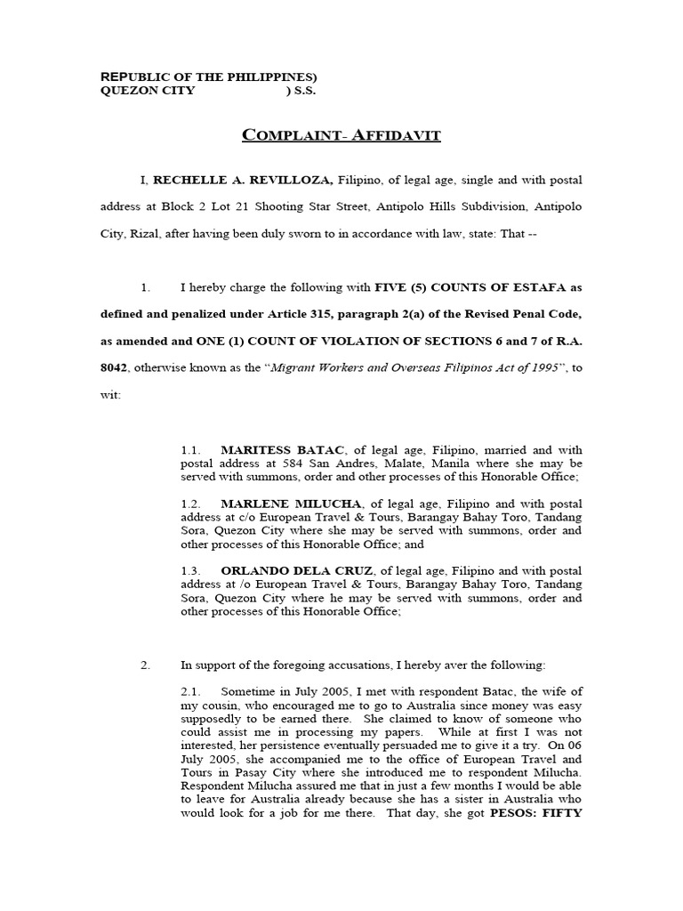 Complaint Affidavit for Estafa Case | PDF | Justice | Crime & Violence