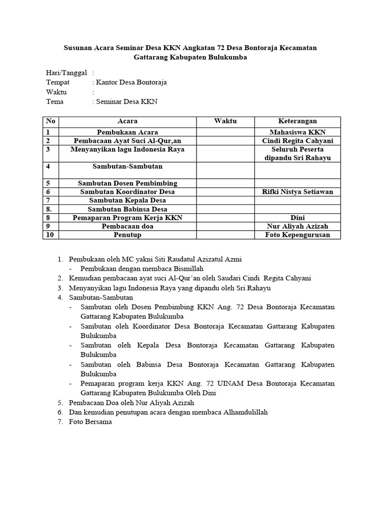 Susunan Acara Seminar KKN Angkatan 72 | PDF