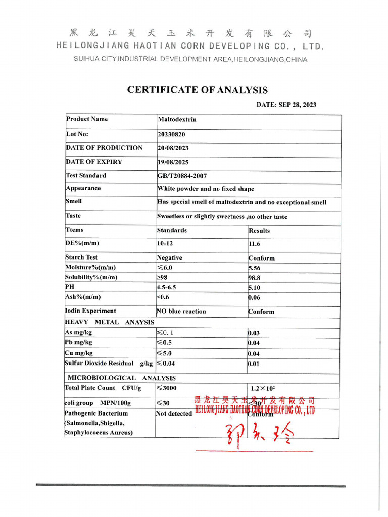 COA Maltodextrin | PDF