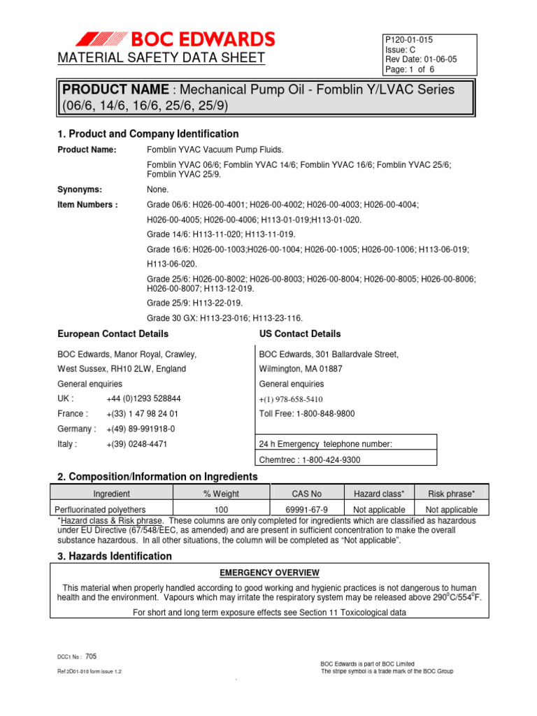 Edwards Mechanical Pump Oil Fomblin Y-LVAC Series | PDF | Hazards ...