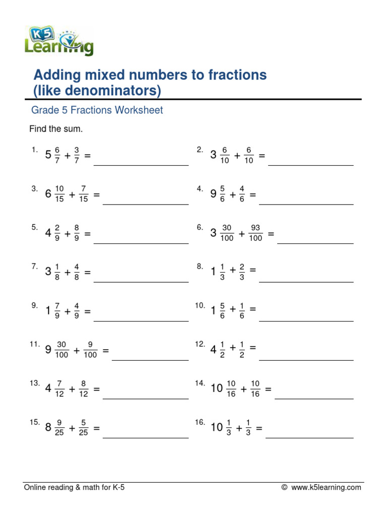 Grade 5 Adding Mixed Numbers Fractions Like Denominators | PDF ...