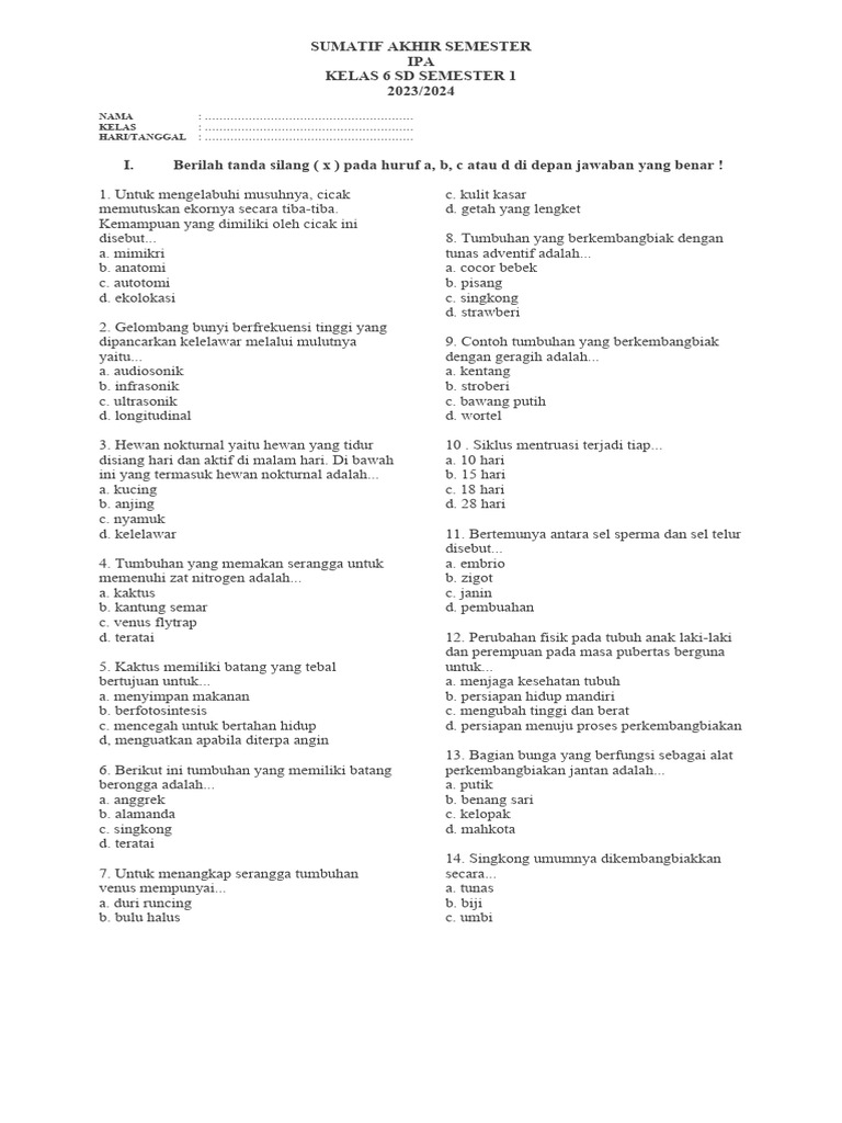 Sumatif Akhir Semester Ipa Kelas 6 | PDF | Sains & Matematika | Dewasa Muda