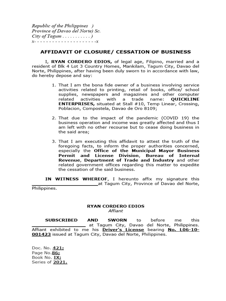 Affidavit of Closure | PDF | Business | Law