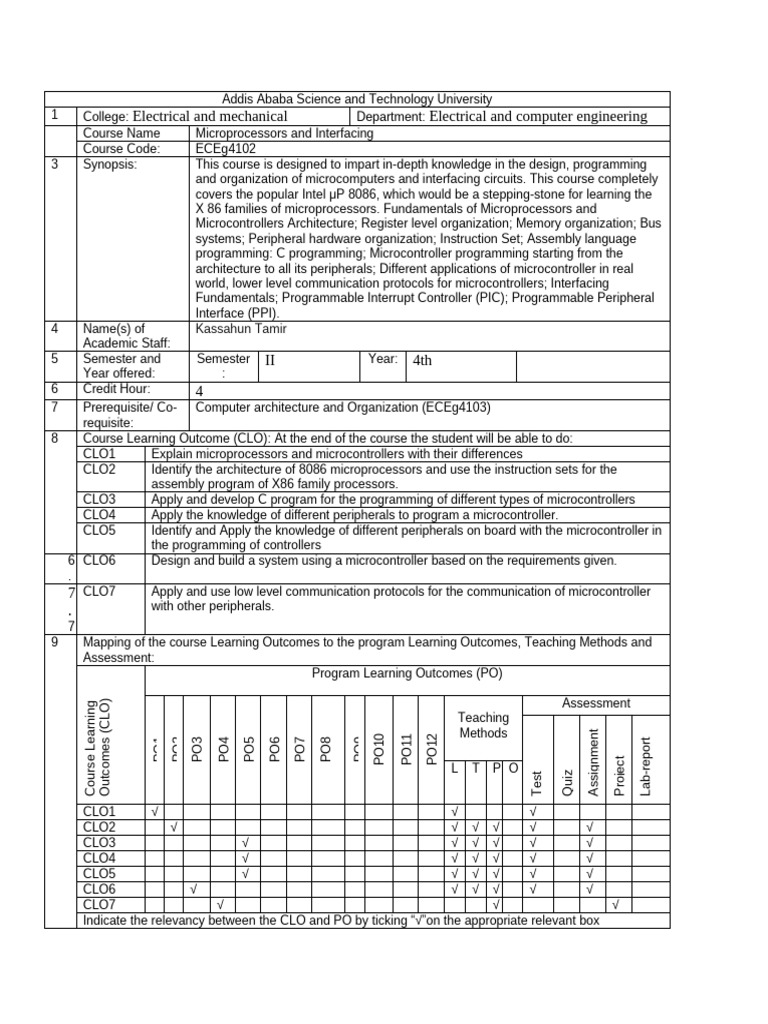 Course Outline 2023 - AASTU | PDF | Microcontroller | Microprocessor
