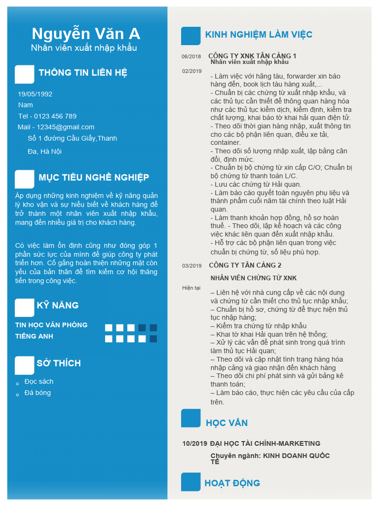 Mau CV Xin Viec Nganh Xuat Nhap Khau VI Tri Nhan Vien Xuat Nhap Khau 7232 | PDF