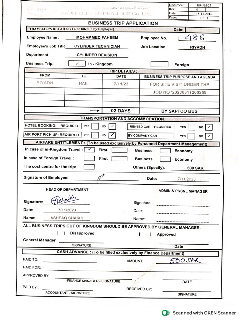 Business Trip Application | PDF