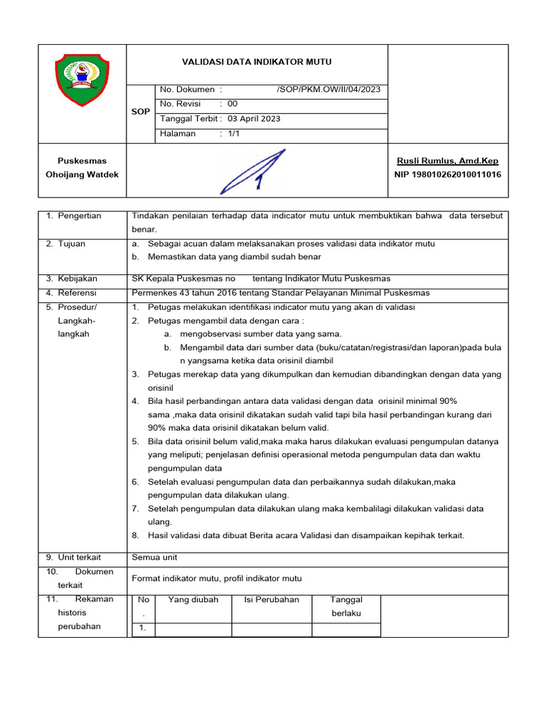 Sop Validasi Data Indikator Mutu | PDF