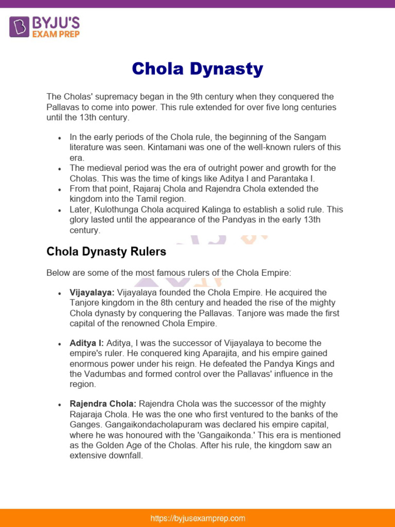 Chola Dynasty Upsc Notes 90 | PDF