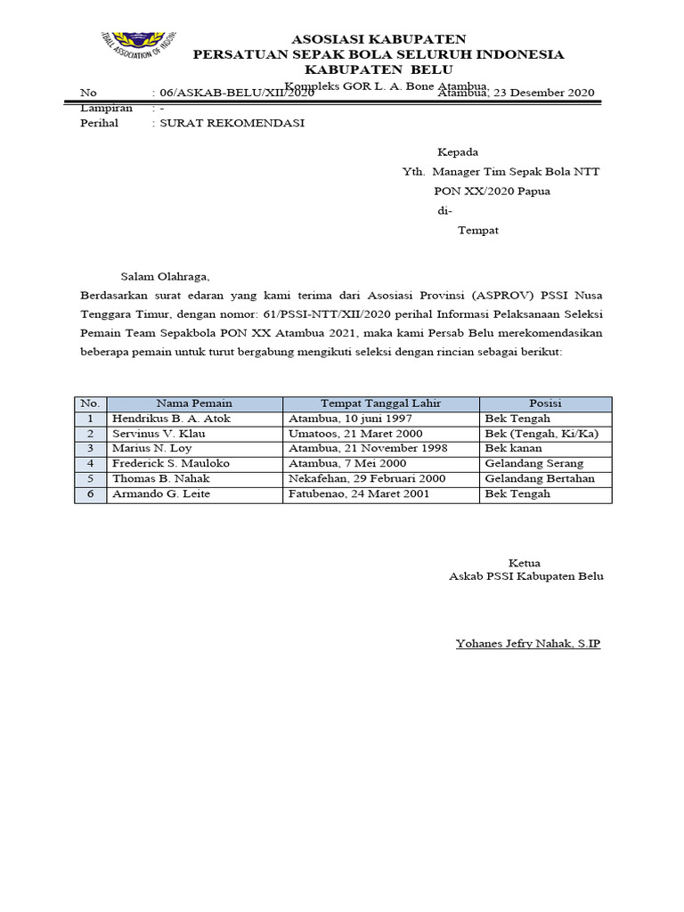 Surat Rekomendasi PSSI ATAMBUA | PDF