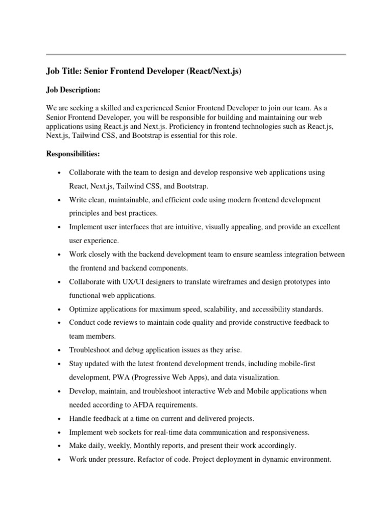 React Developer Job Description | PDF | Mobile App | User Interface