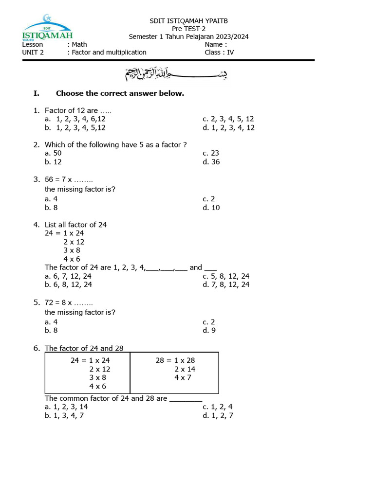 Pre test unit 2 math | PDF