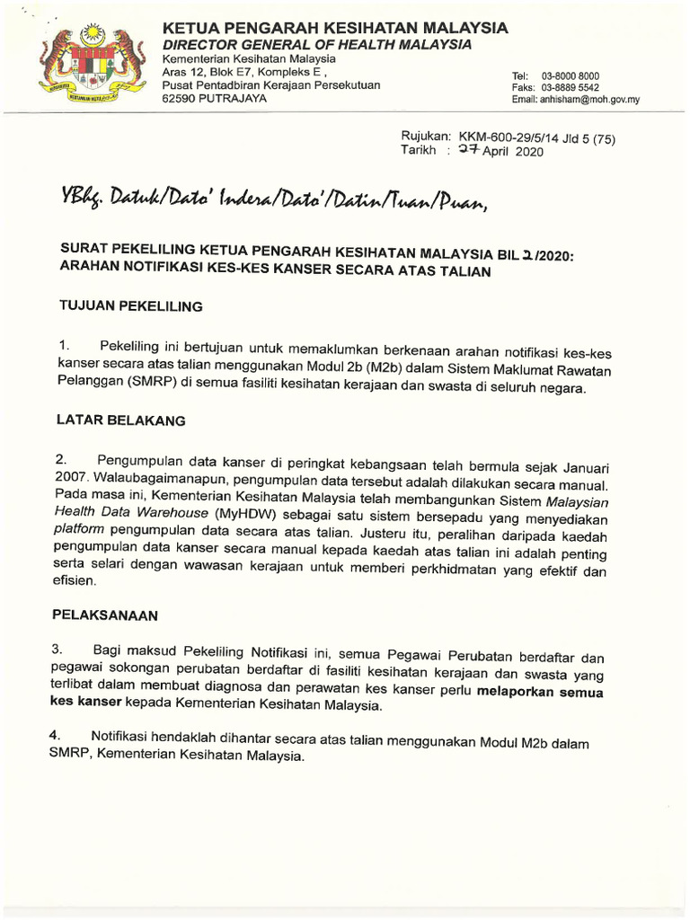 Surat Pekeliling KPK Bil 2.2020 - Arahan Notifikasi Kes-Kes Kanser ...