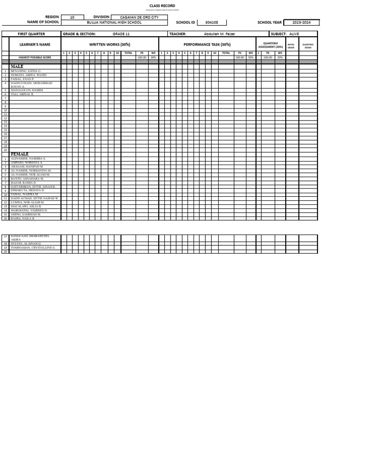 G-11 Alive - Class Record | PDF