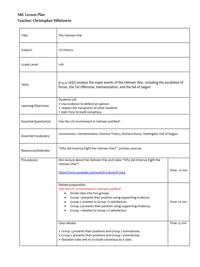 Sac Lesson Plan | PDF | Vietnam War | Vietnamese Independence Movement