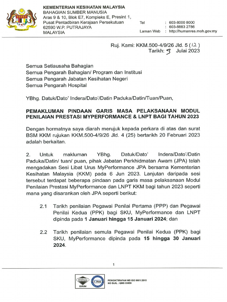 Surat Pindaan Garis Masa Pelaksanaan Penilaian Prestasi LNPT & Myperformance Di KKM | PDF