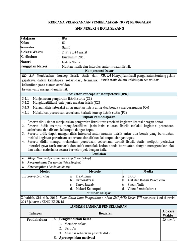 RPP Ke 3 Listrik Statis (Muatan Listrik Dan Interaksi Antar Muatan ...