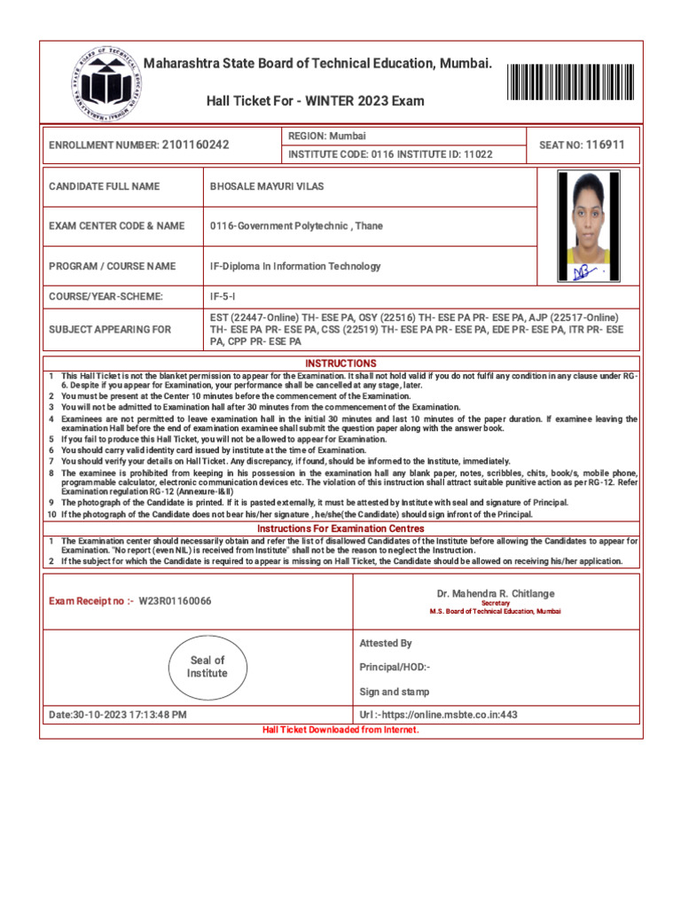 Hall Ticket For Winter 2023 of 2101160242 | PDF