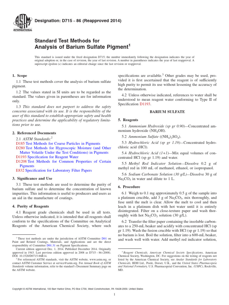 Analysis of Barium Sulfate Pigment: Standard Test Methods For | PDF ...