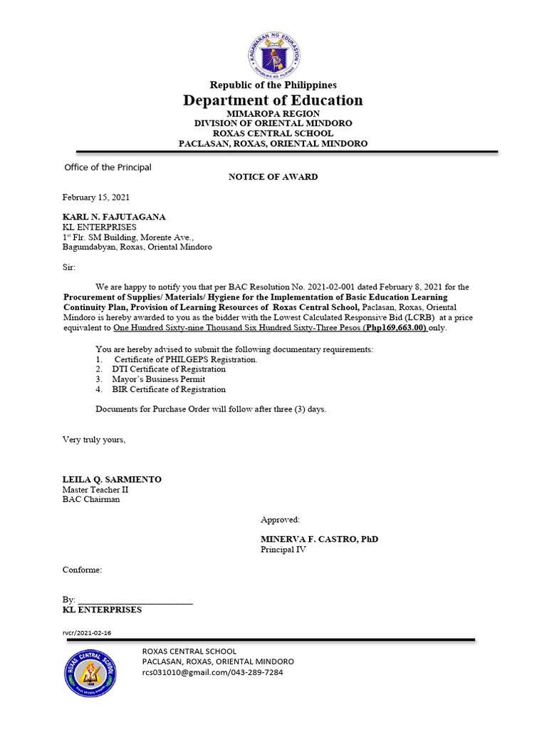 NOTICE OF AWARD | PDF