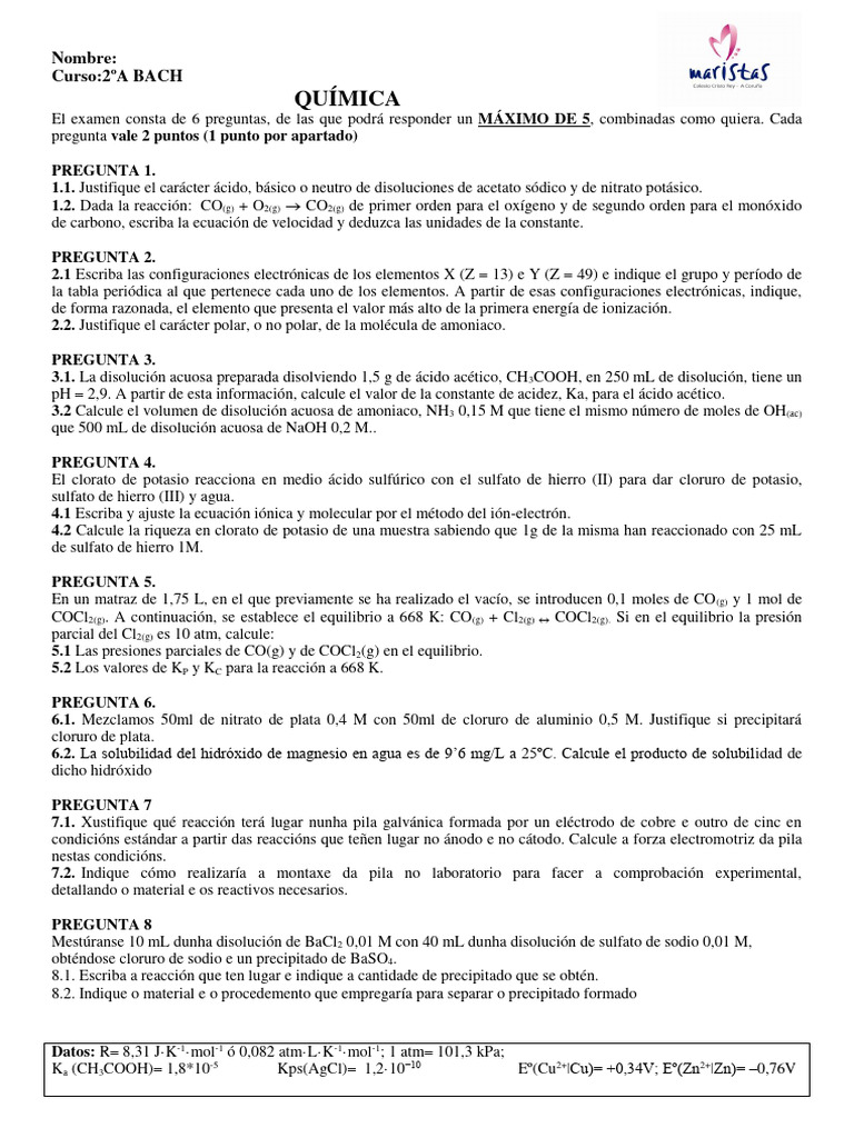 Examen Global Química 2 | PDF | Ácido | Amoníaco