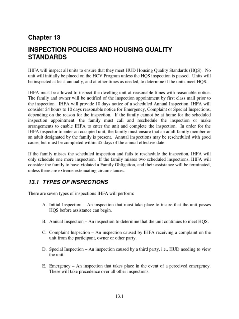 Chapter 13 Inspection Policies and Housing Quality Standards | PDF ...