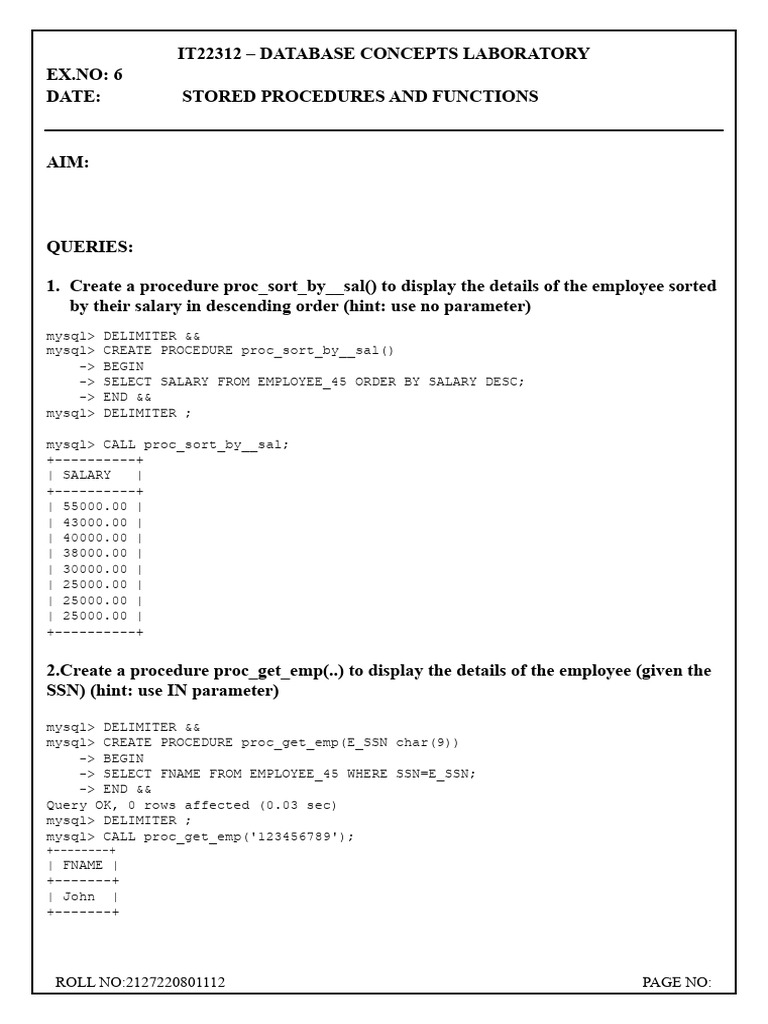 Dbex Ex6 Stored Procedures And Functions 112 Pdf Data Management Software Computer Science