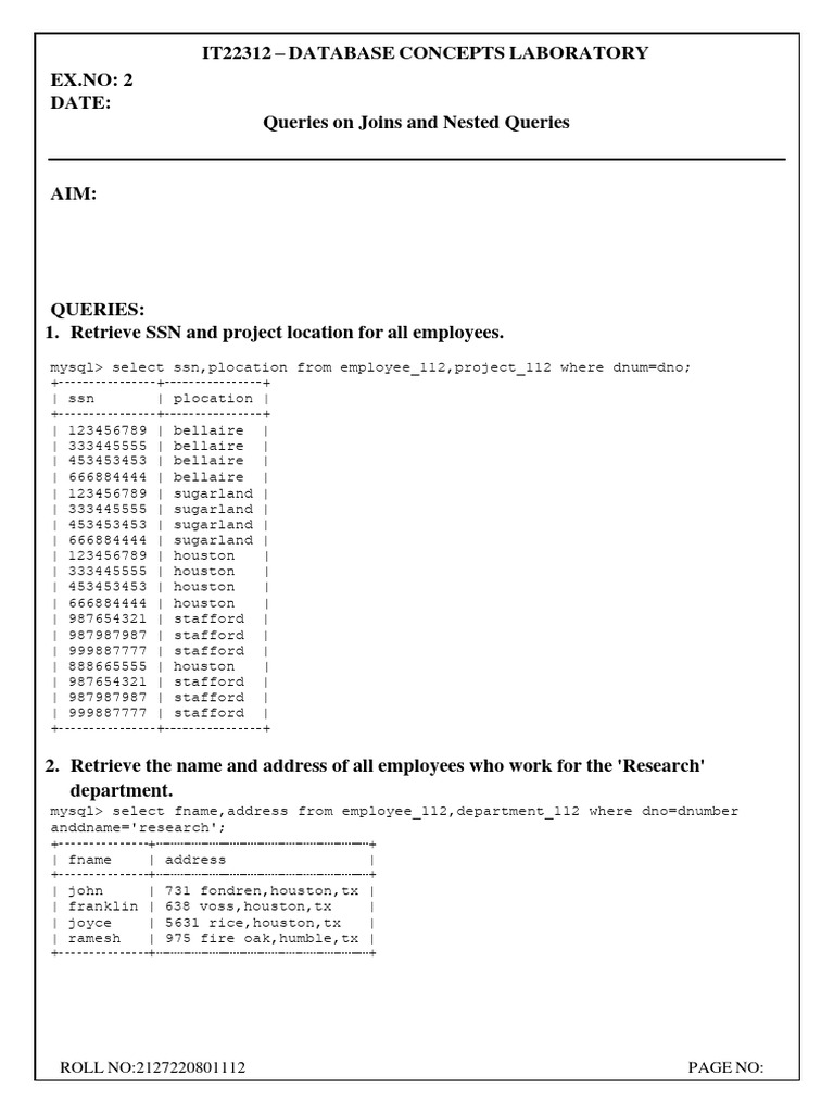 SQL Joins and Nested Queries Lab | PDF | Information Science | Cybernetics
