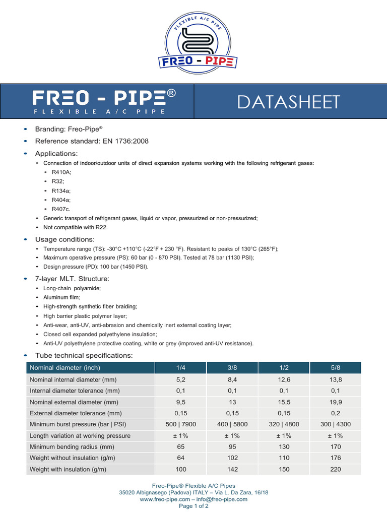 Freo-Pipe Tube Datasheet | PDF | Thermal Insulation | Applied And ...