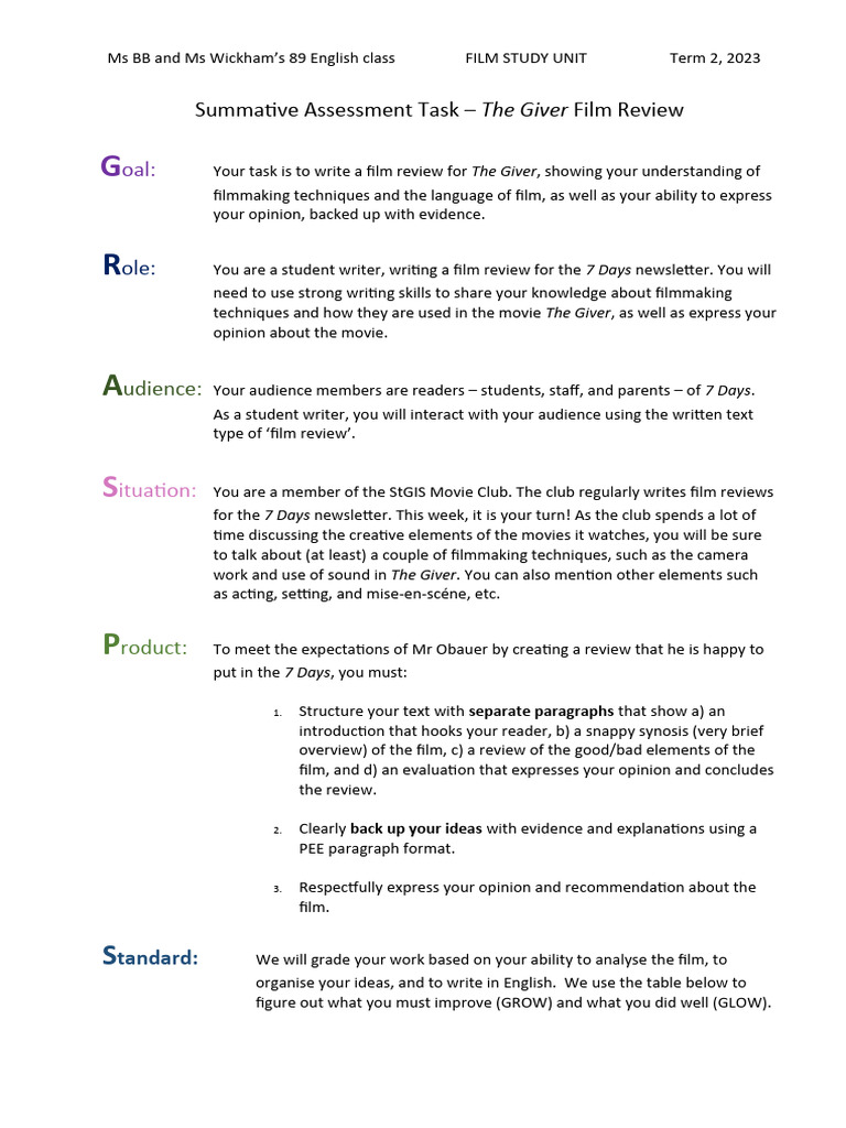 89EnE Term 2 Film Study Summative Assessment | PDF | Accuracy And ...