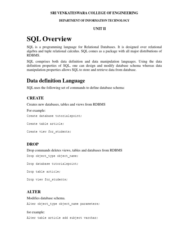 SQL Overview: Data Definition Language | PDF | Relational Database | Sql SQL Overview: Data Definition Language | PDF | Relational Database | Sql