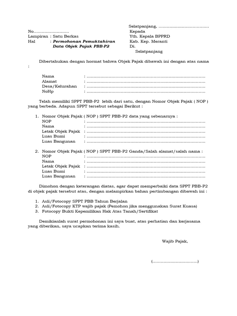 Permohonan Pemutakhiran Data PBB-P2 | PDF