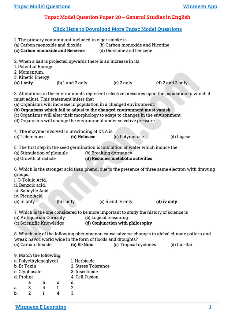 TNPSC Model Question Paper 20 - General Studies in English | PDF ...
