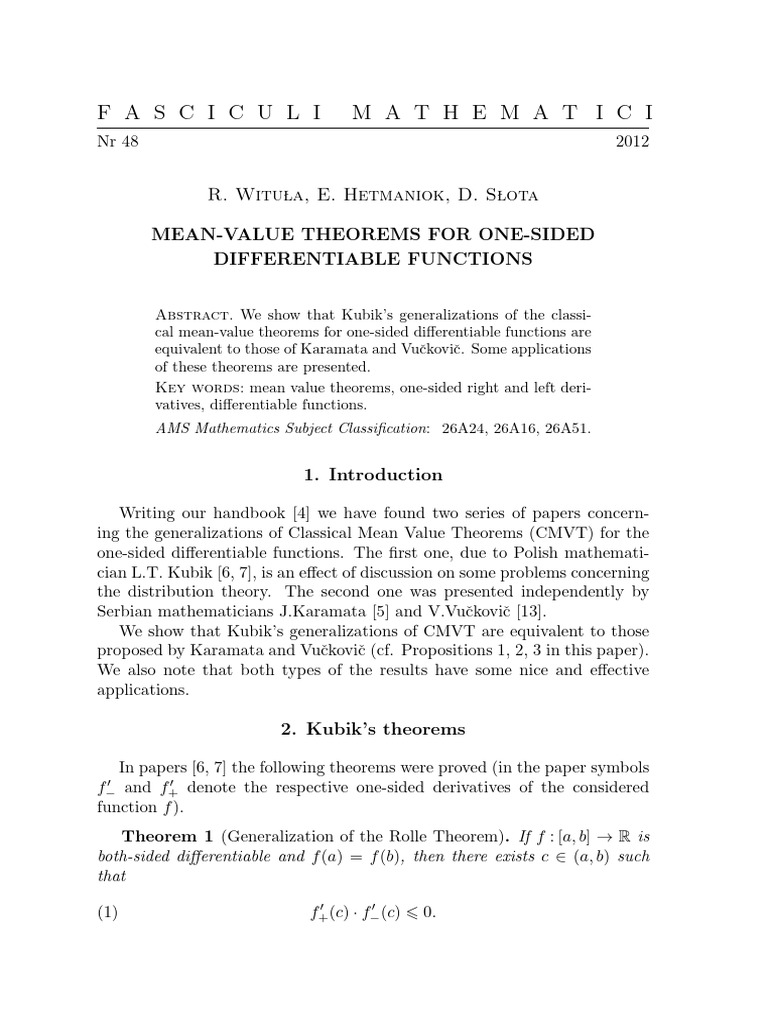 Witula R Hetmaniok E Slota D Mean-Value Theorems For One-Sided Differentiable Functions | PDF ...