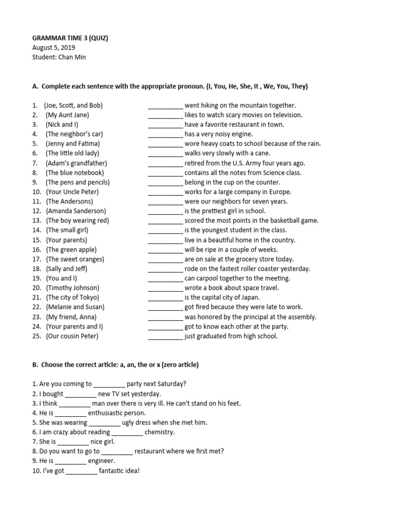 Grammar Time 3 Quiz | Download Free PDF | Linguistics