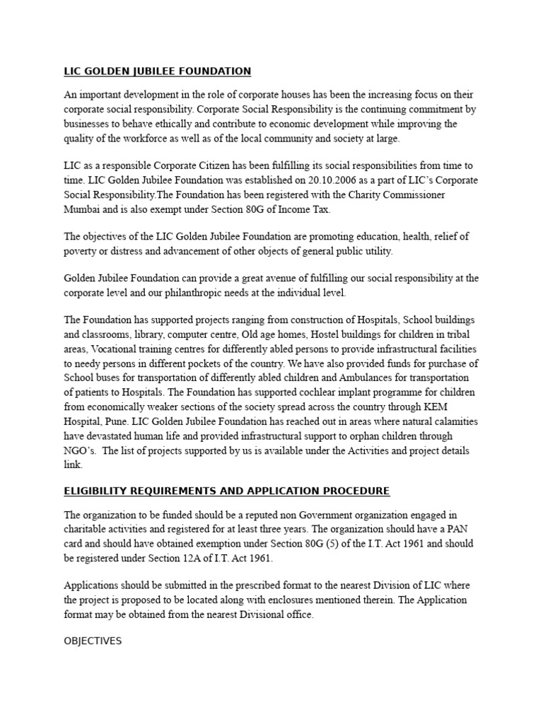 Lic Golden Jubilee Foundation | PDF | Charitable Organization | Non ...