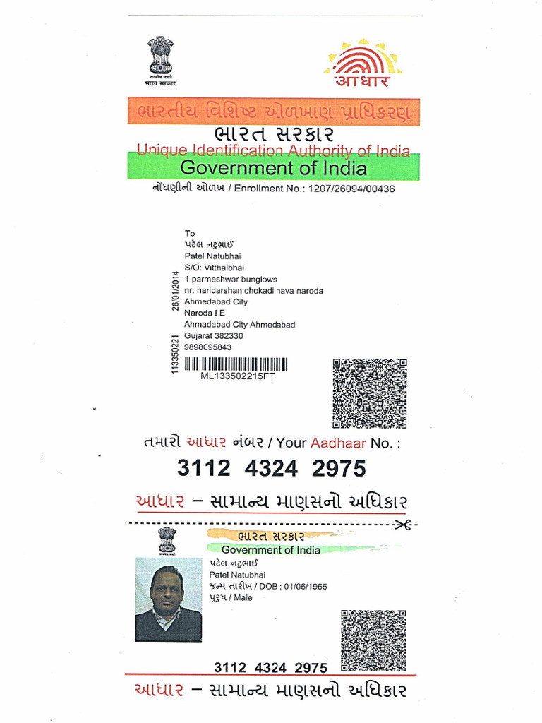 N. V_ Patel - Aadhar card | PDF