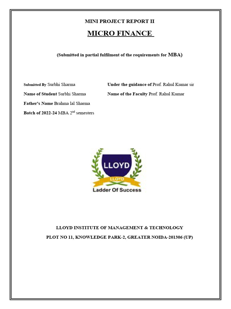 Microfinance Project Report MBA | PDF | Microfinance | Microcredit