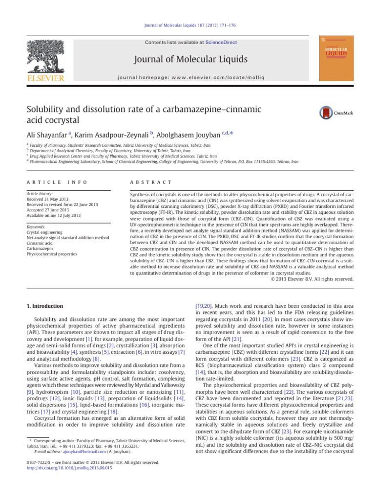 Co-Crystal Carbamazepine-Cinnamic Acid | PDF | Solubility | Chemometrics