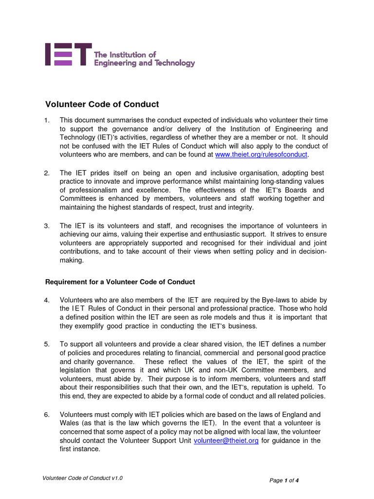 Volunteer Code of Conduct v1.0 | PDF | Volunteering | Governance