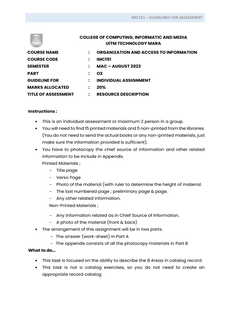 Guidelines For Individual Assignment IMC151 - Mac 2023 | PDF | Books | Bibliography