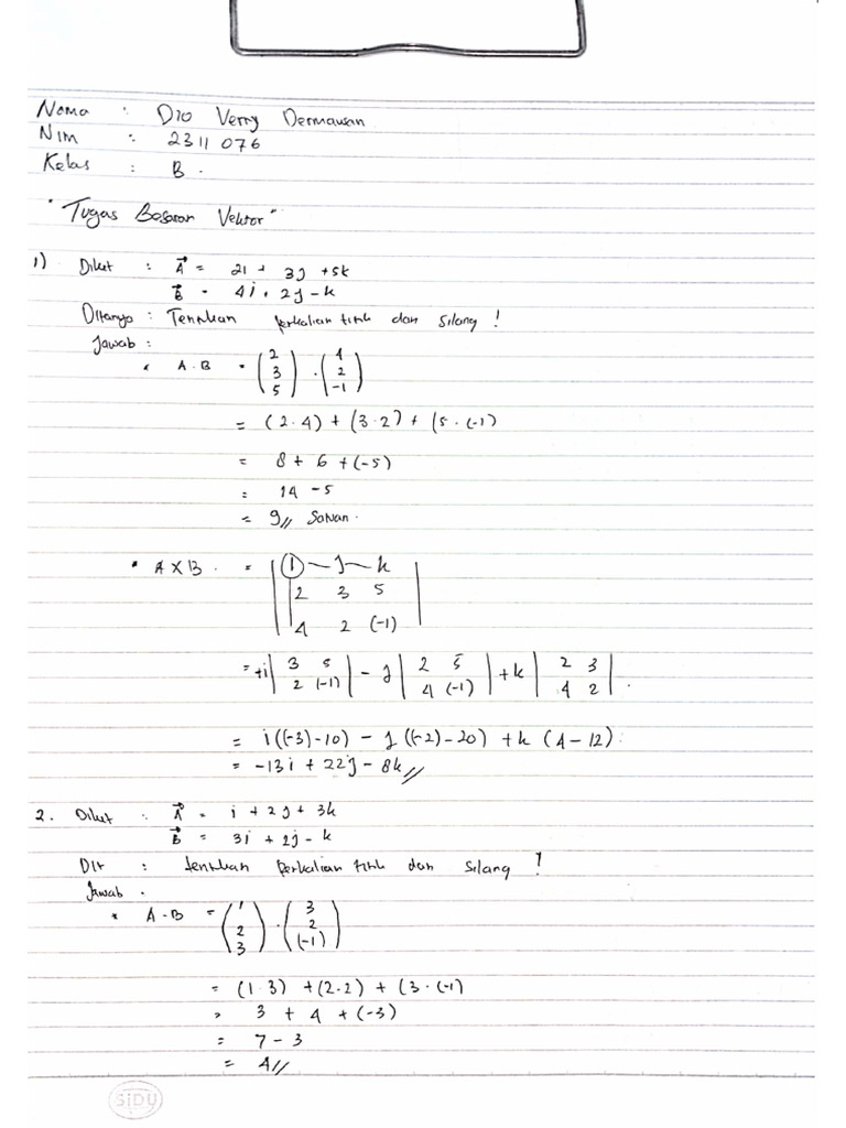 Dio Verry Dermawan - Nim 2311076 - Kelas B - TM s1 - Tugas Besaran Dan Vektor | PDF